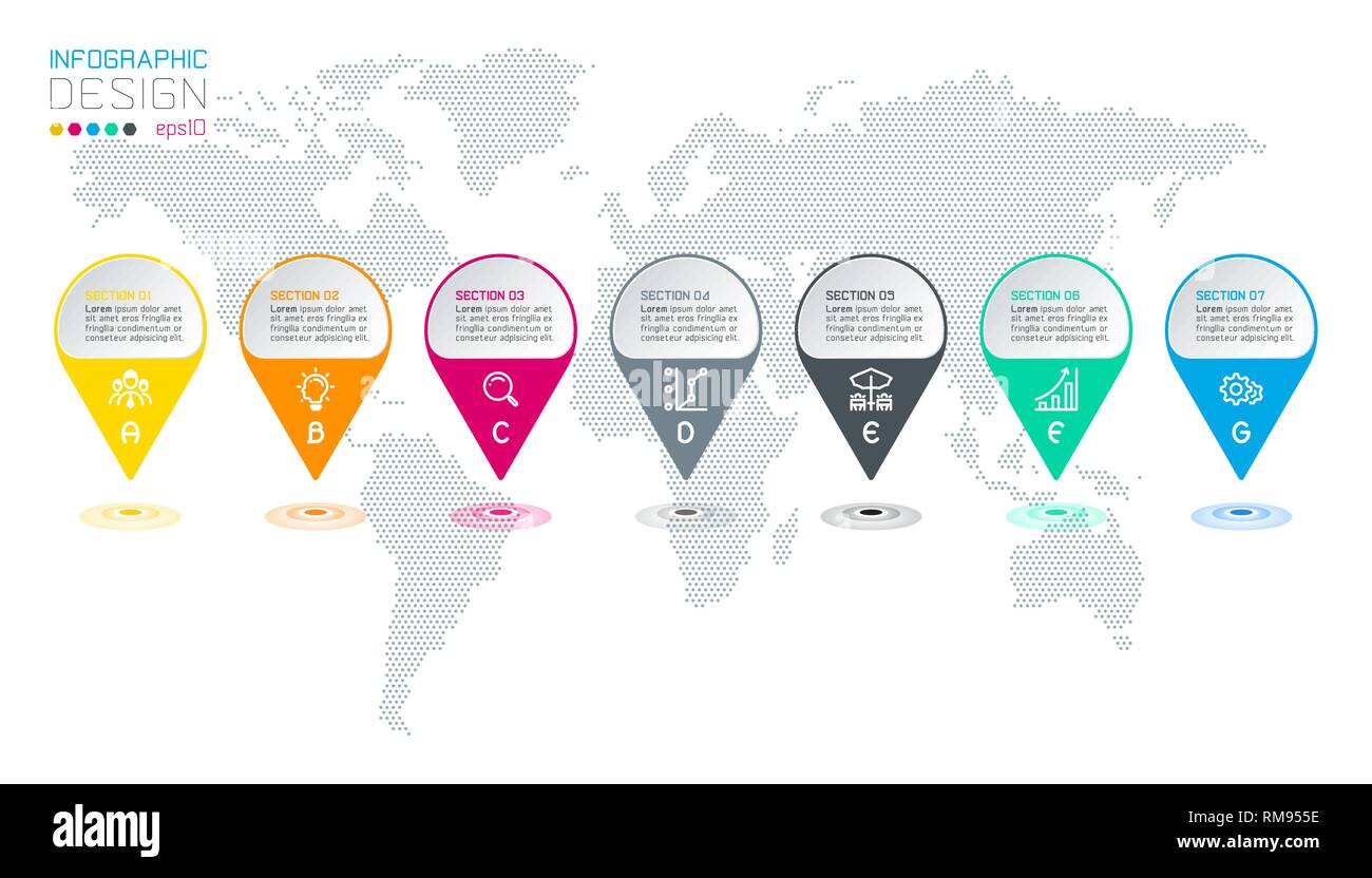 Seven circles with business icon infographics on world map background ...