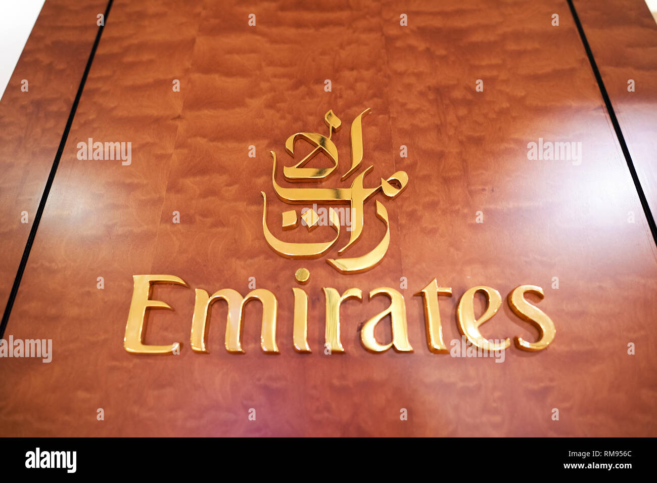 SINGAPORE - CIRCA NOVEMBER 2015: close up shot of Emirates sign ...
