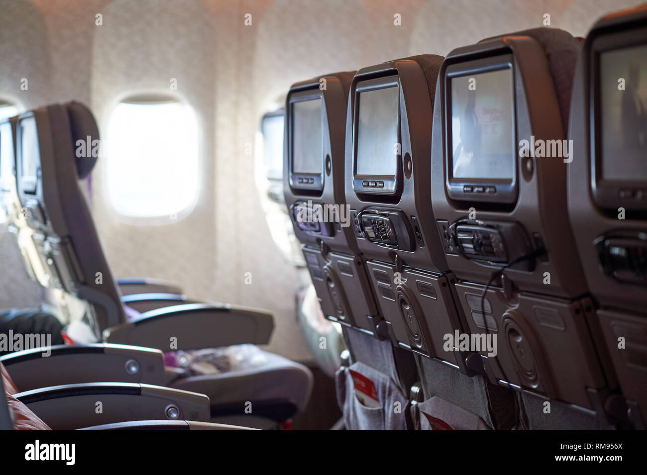 HONG KONG - NOVEMBER 16, 2016: inside of Boeing 777. The Boeing 777 is ...