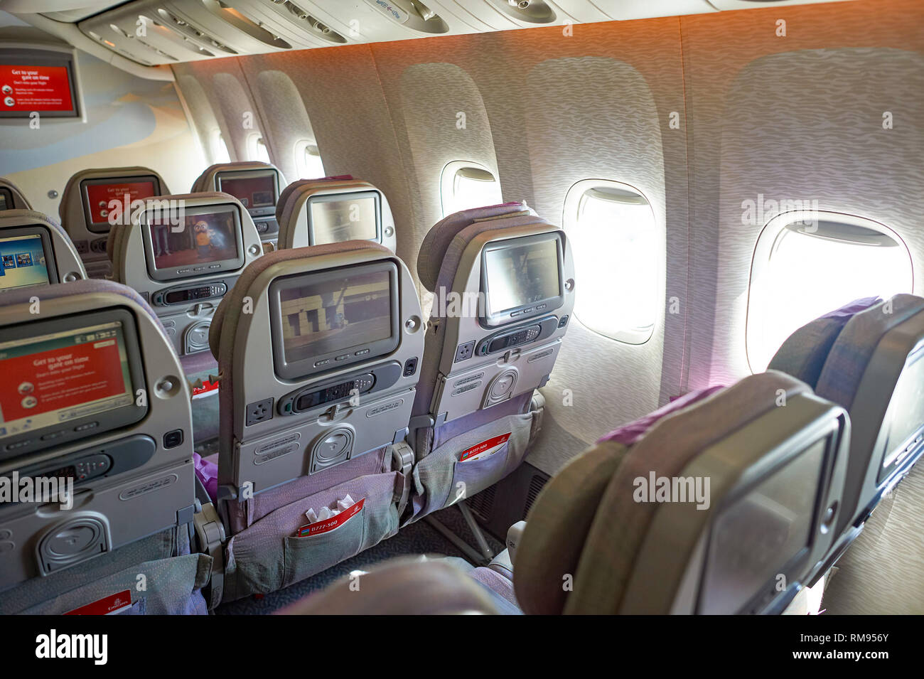 DUBAI, UAE - NOVEMBER 16, 2016: inside of Boeing 777. The Boeing 777 is ...