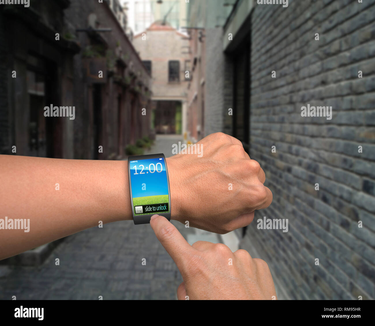 hand wear smart watch with finger touching in street background Stock ...