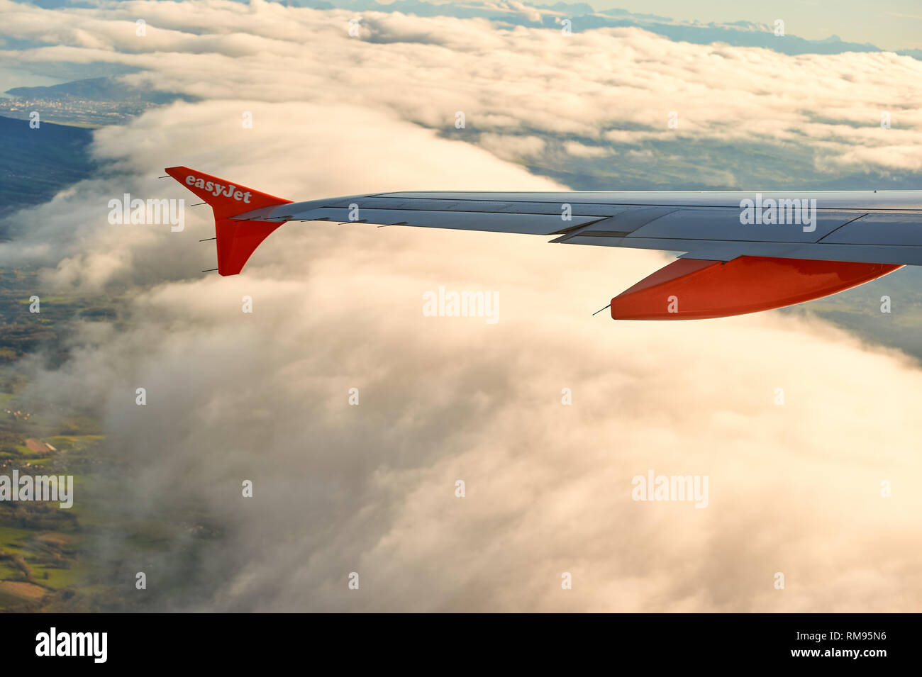 GENEVA, SWITZERLAND - NOVEMBER 19, 2015: winglet with easyjet logo on ...