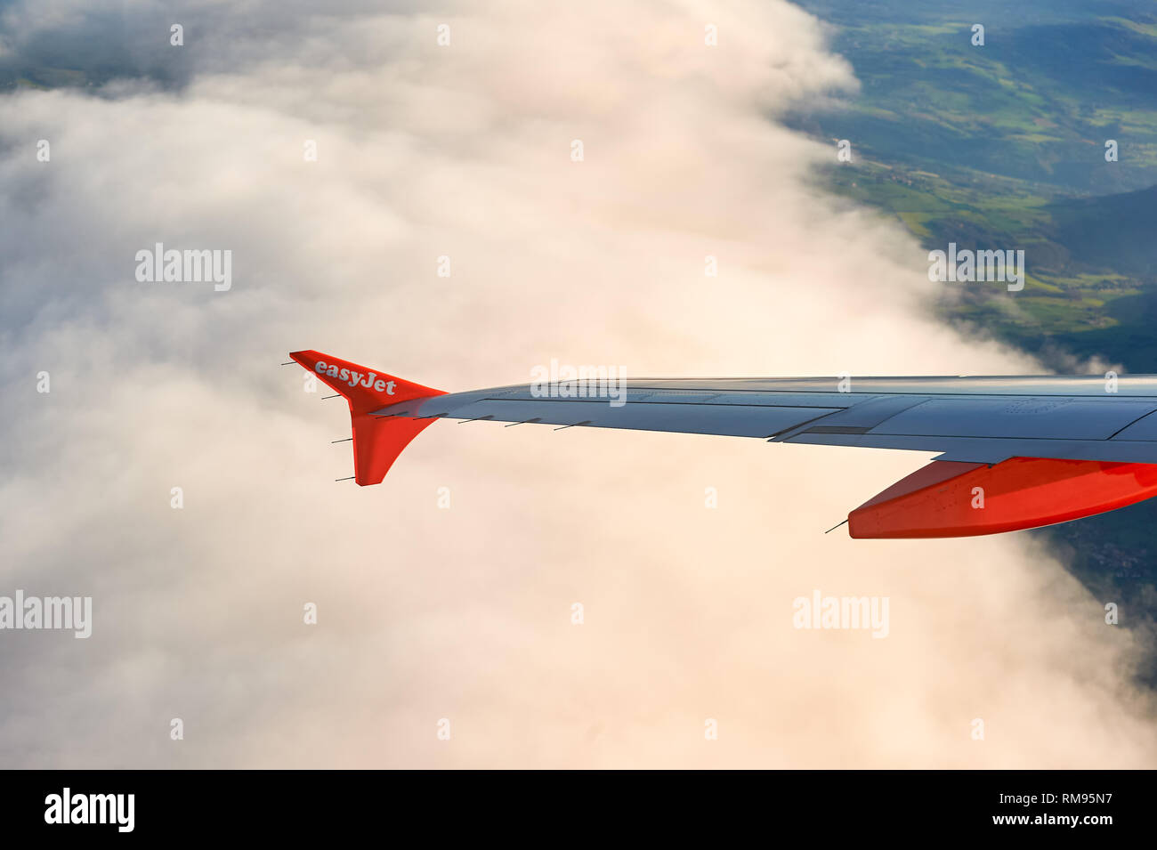 GENEVA, SWITZERLAND - NOVEMBER 19, 2015: winglet with easyjet logo on ...