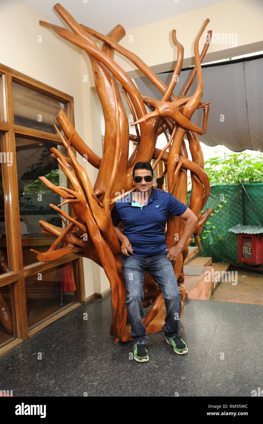 man sitting on wooden tree sculpture, trivandrum, kerala, India, Asia ...