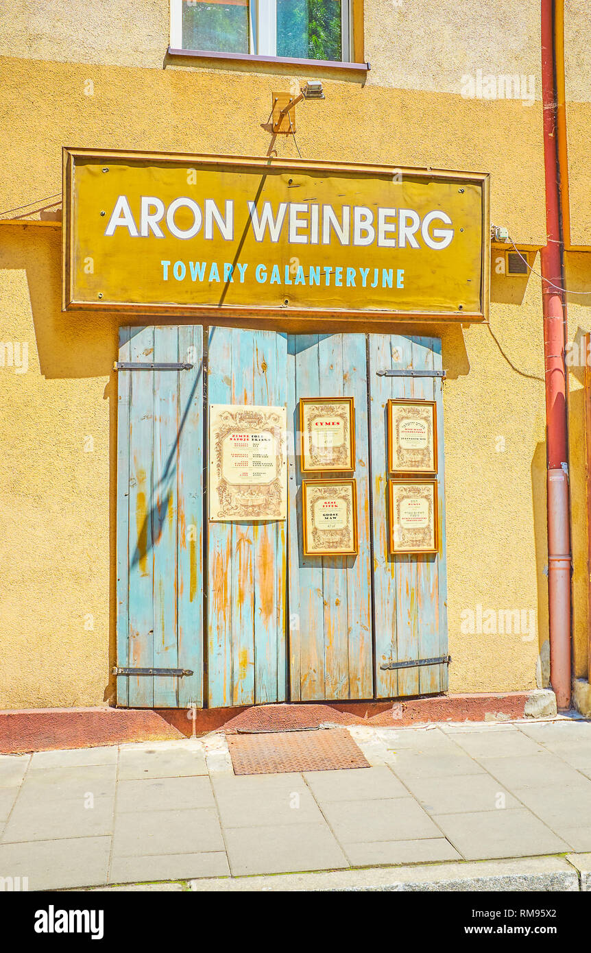 KRAKOW, POLAND - JUNE 21, 2018: The facade of the old Jewish shop with ...