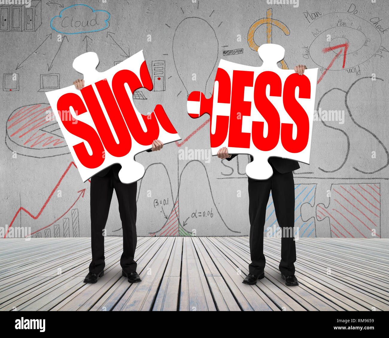Putting two puzzles together for success with doodles background Stock ...