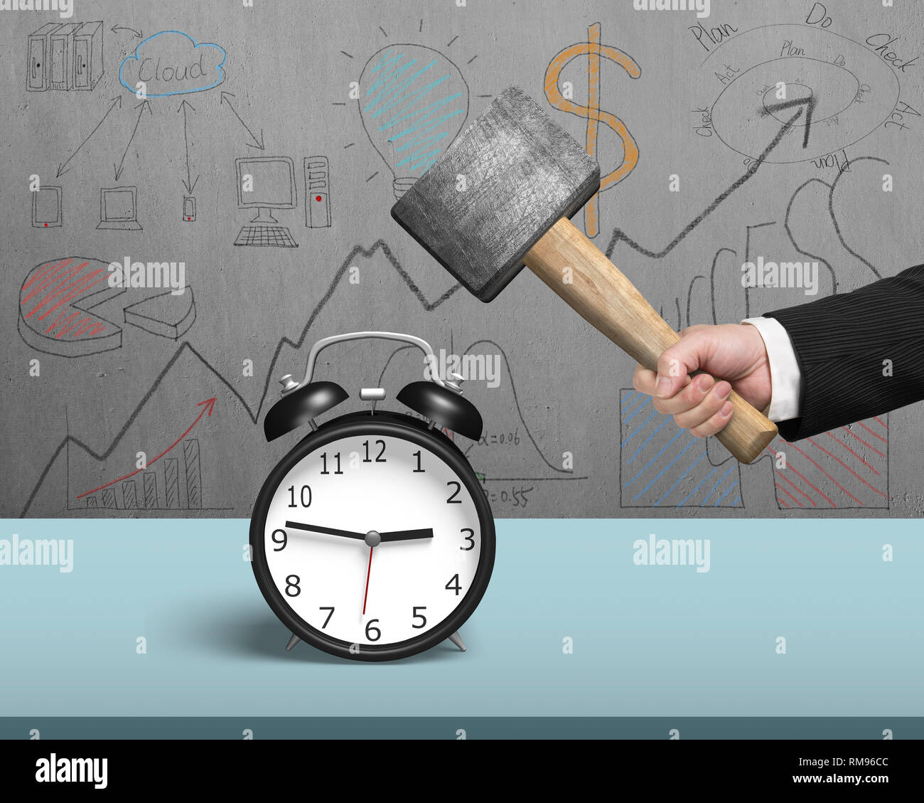 Hitting alarm clock on table in office Stock Photo - Alamy