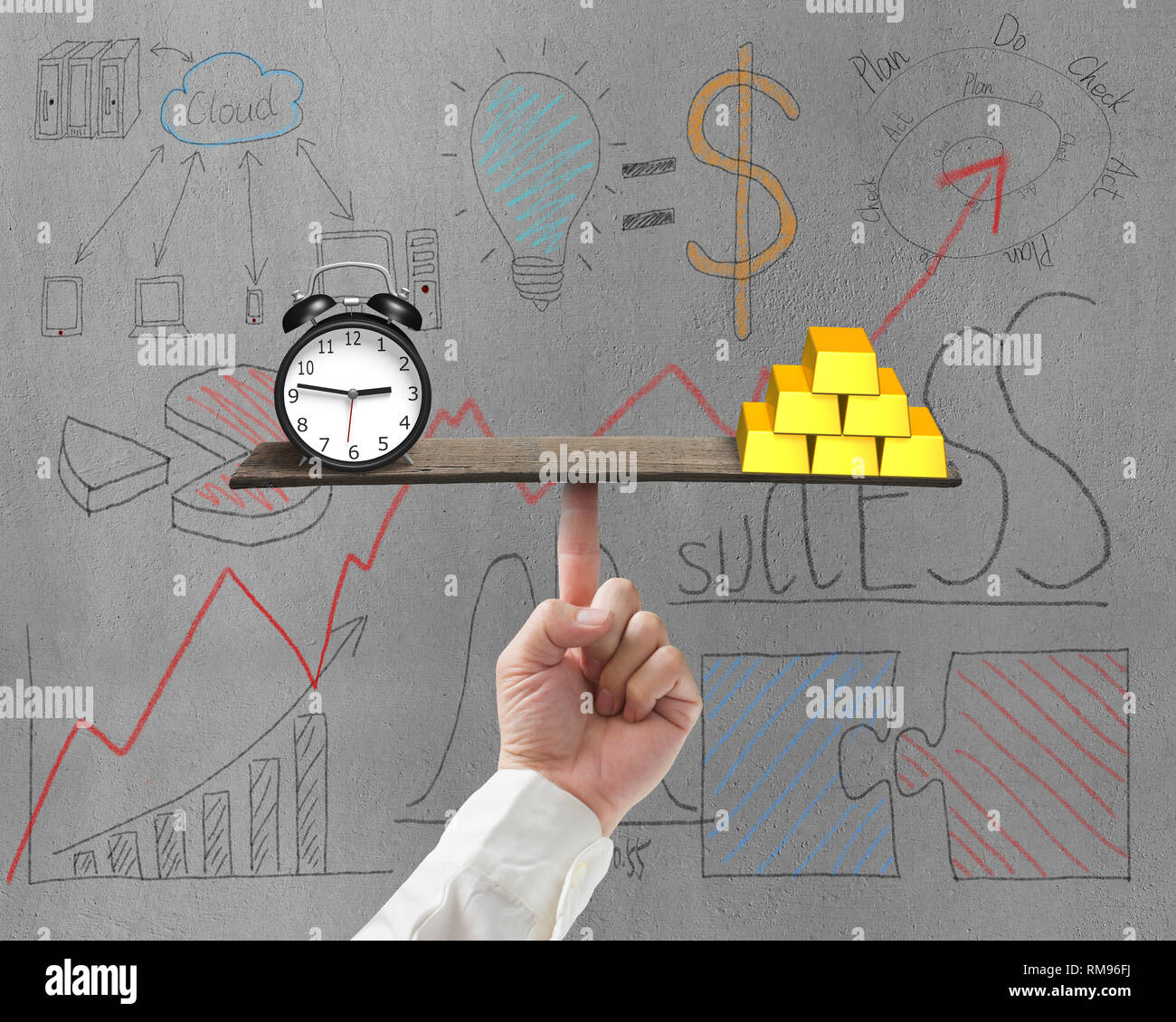 Clock and bullion balance on plank with doodles Stock Photo - Alamy