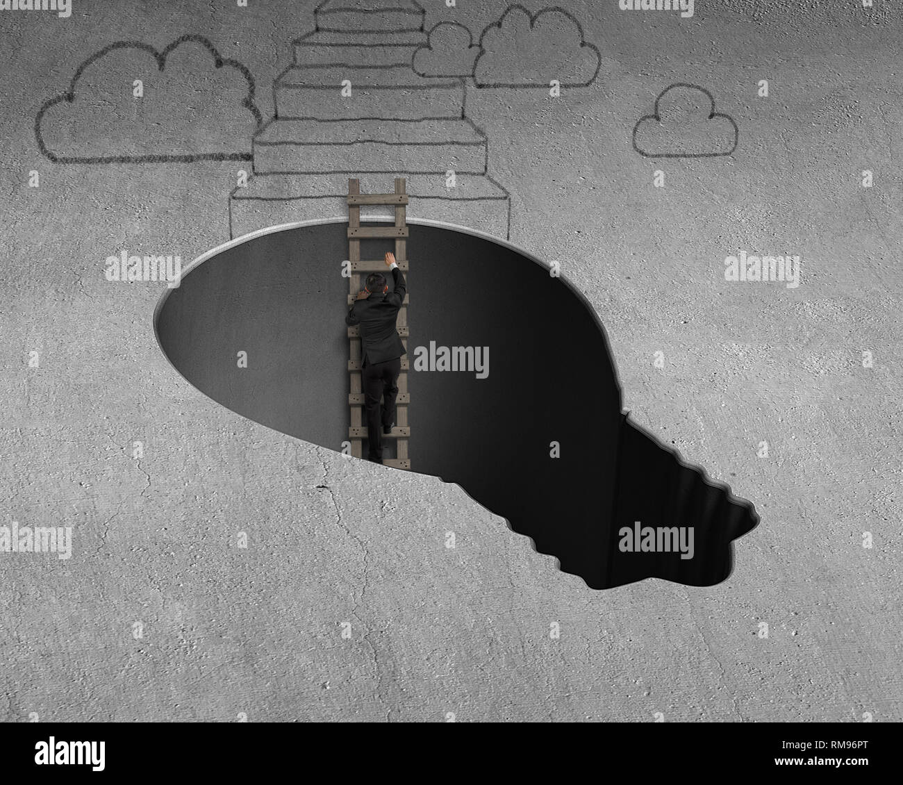 Businessman climbing out front lamp hole Stock Photo - Alamy