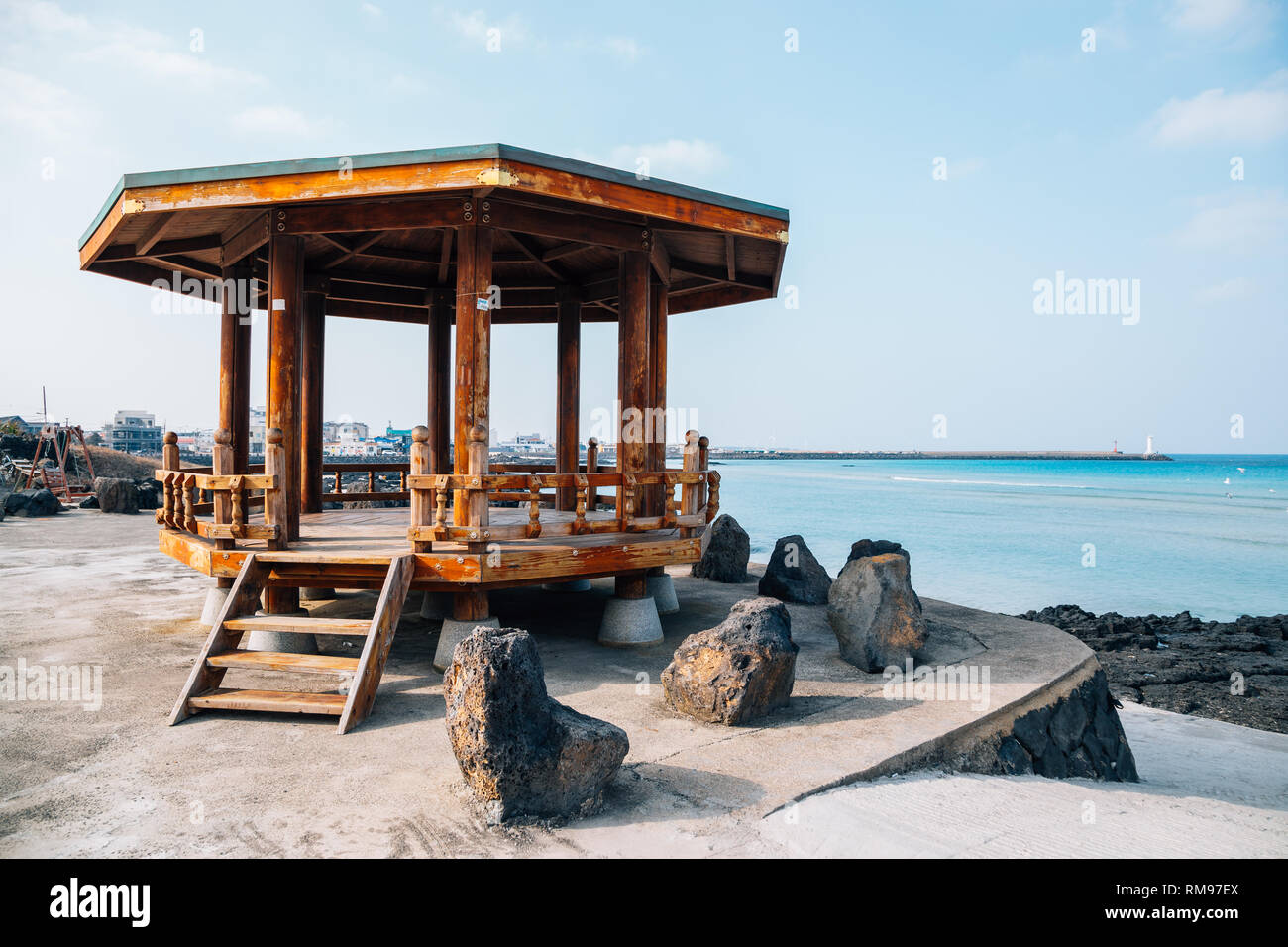 Sehwa Beach and wooden traditional pavilion in Jeju Island, Korea Stock ...