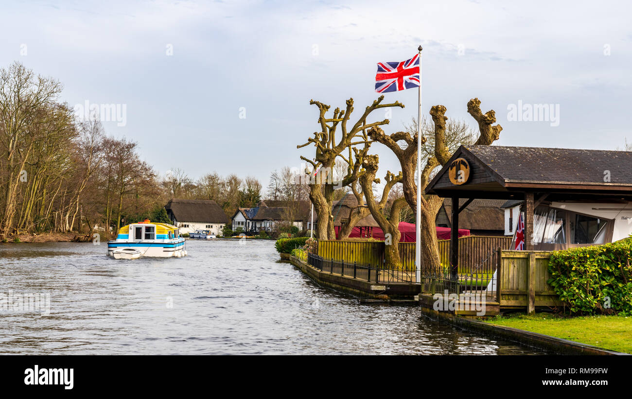 Wroxham, Norfolk, England, UK - April 07, 2018: A boat on the River ...
