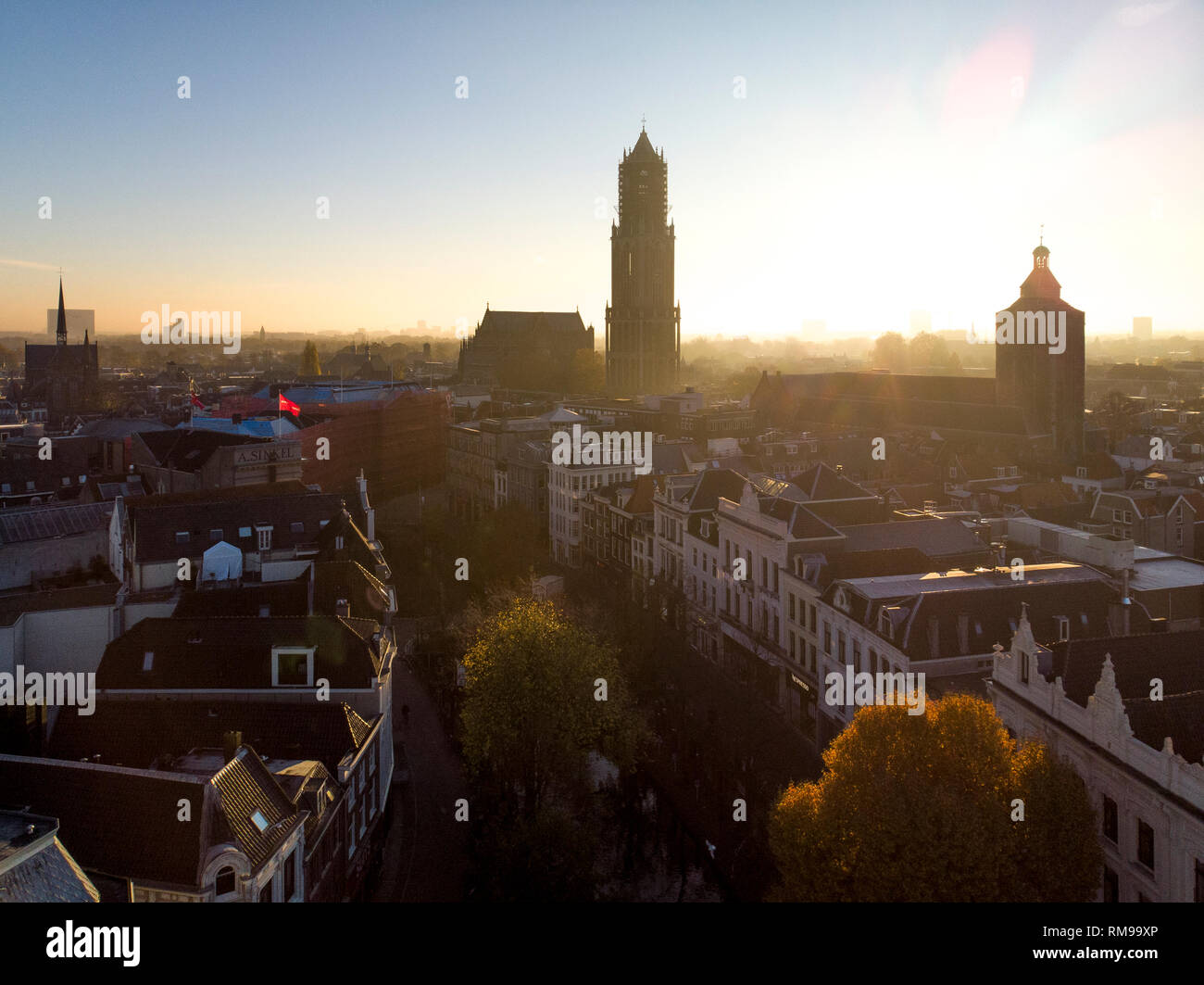 Aerial view of the city of Utrecht in The Netherlands during early ...