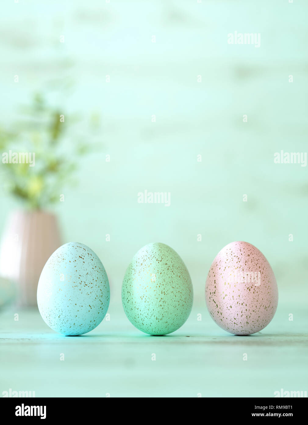 Beautiful Easter eggs decorated in blue, green and pink colors ...