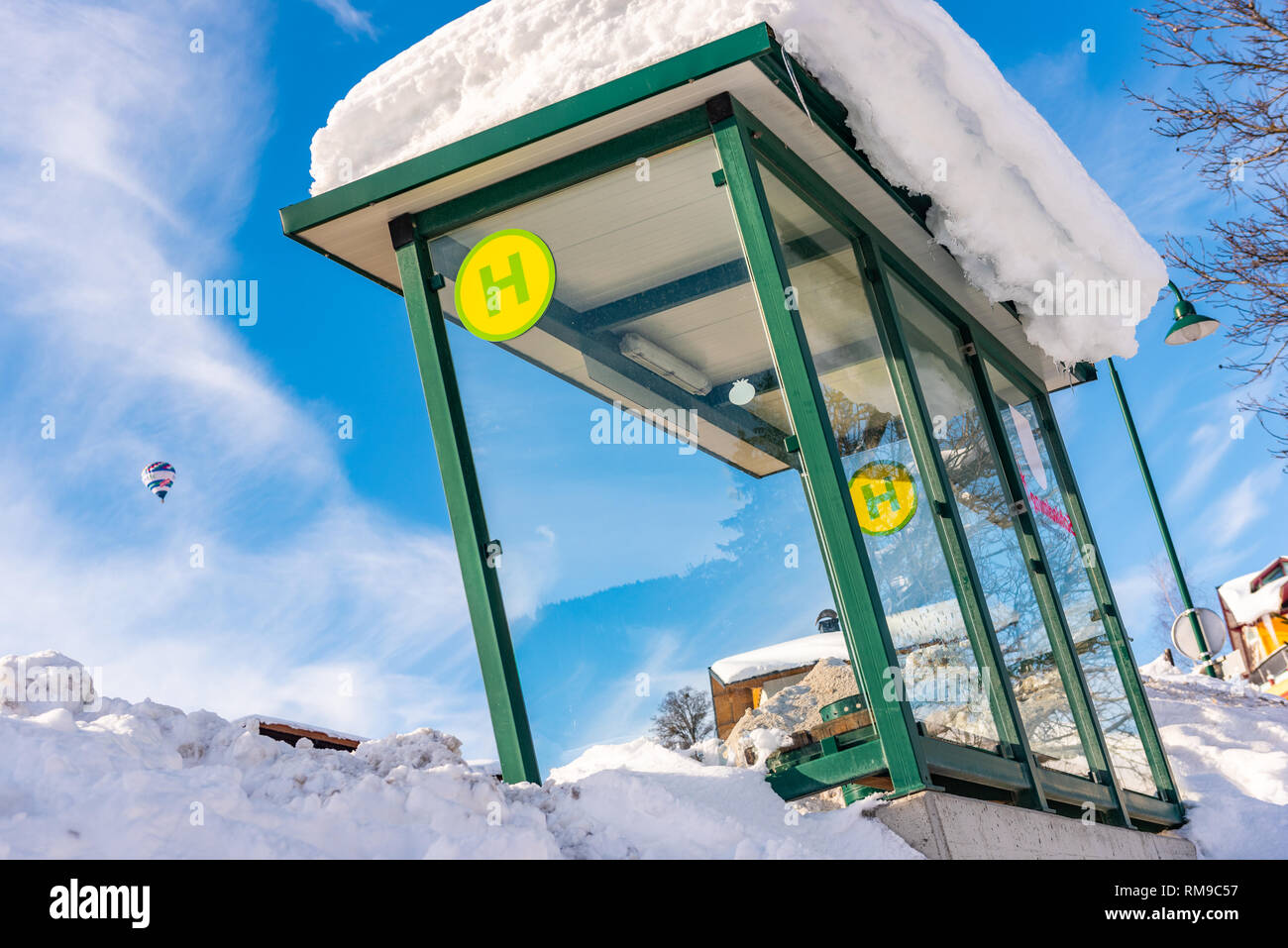 Austrian bus stop, sign ski region Schladming-Dachstein, Dachstein ...