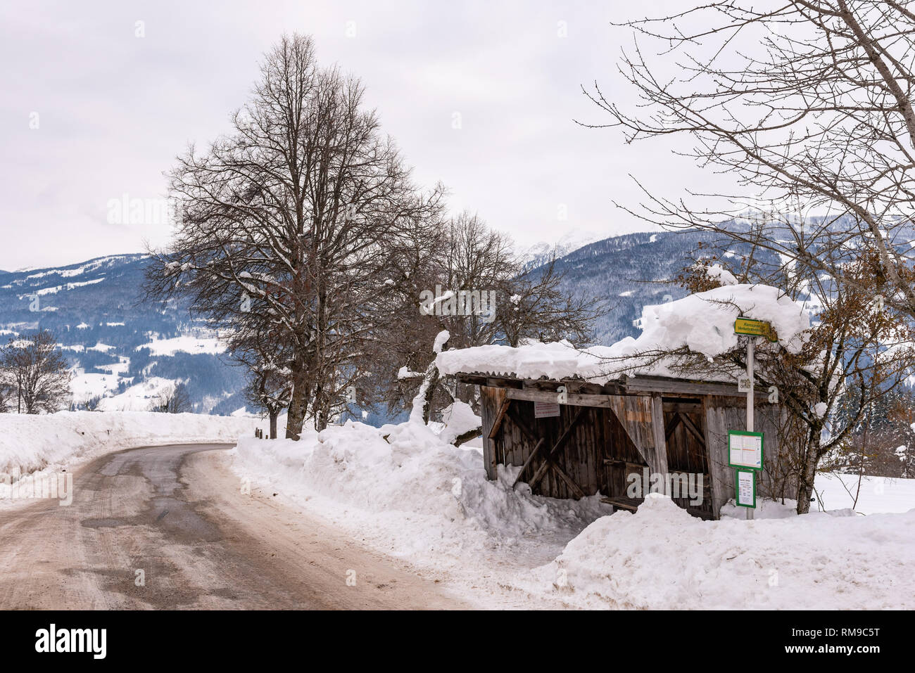 Austrian bus stop, sign ski region Schladming-Dachstein, Dachstein ...