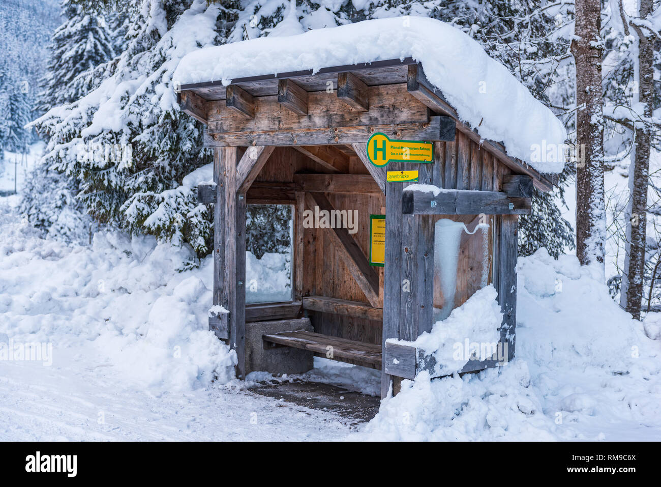 Austrian bus stop, sign ski region Schladming-Dachstein, Dachstein ...