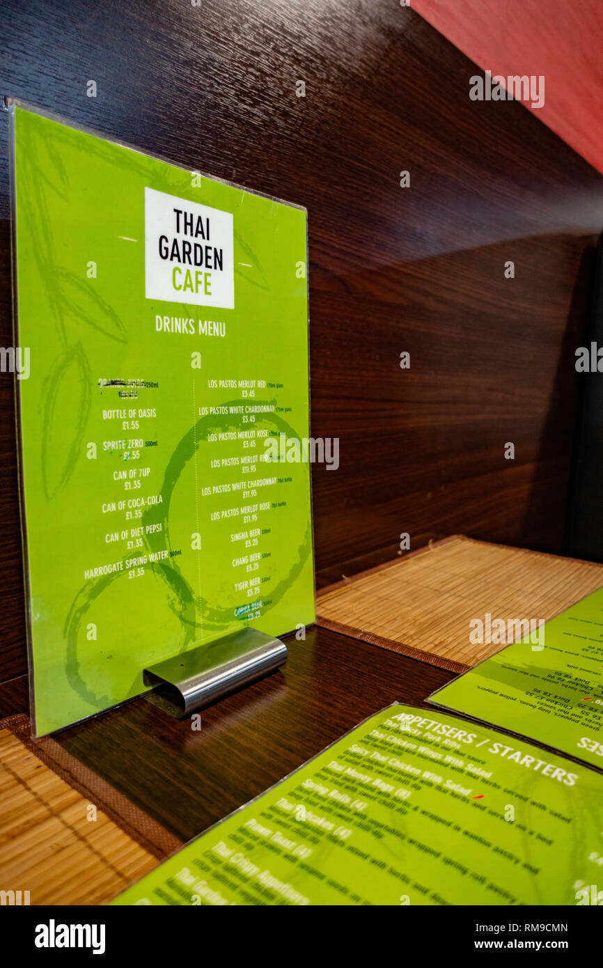 Green Menu on a table at a Thai Resturant in Wath, Rotherham England ...