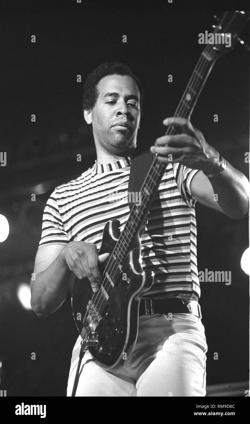 Bass guitarist and composer Stanley Clarke is shown performing on stage ...