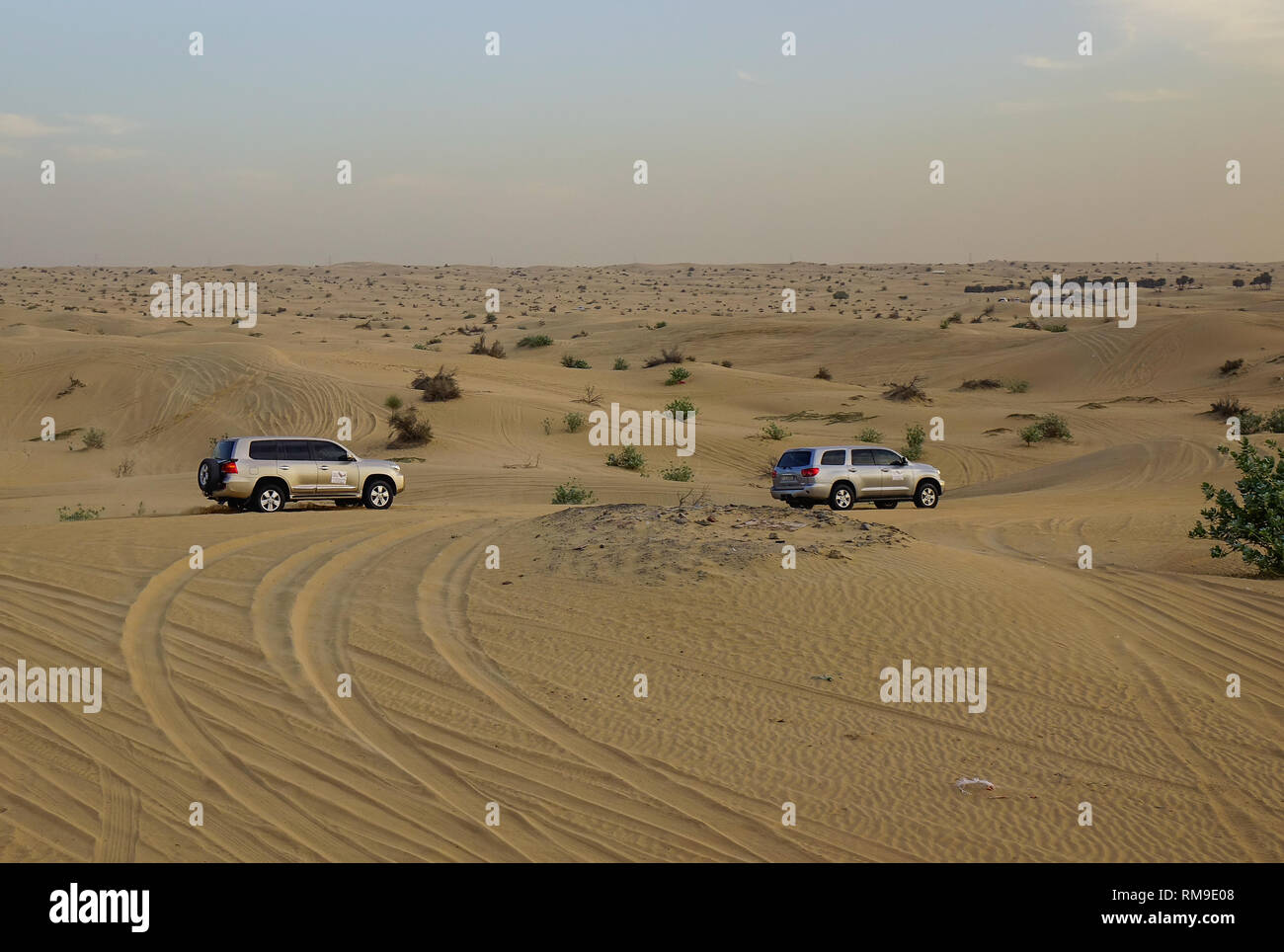 Dubai, UAE - Dec 5, 2018. SUV car (4x4) on Dubai desert. Driving in the ...
