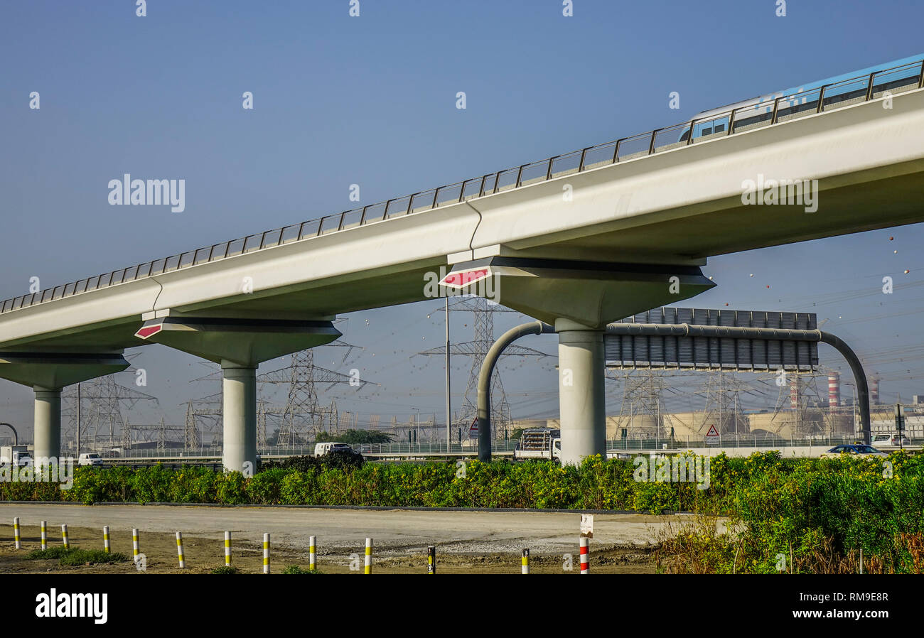 Dubai, UAE - Dec 6, 2018. Sky train railway bridge in Dubai, UAE. Until ...
