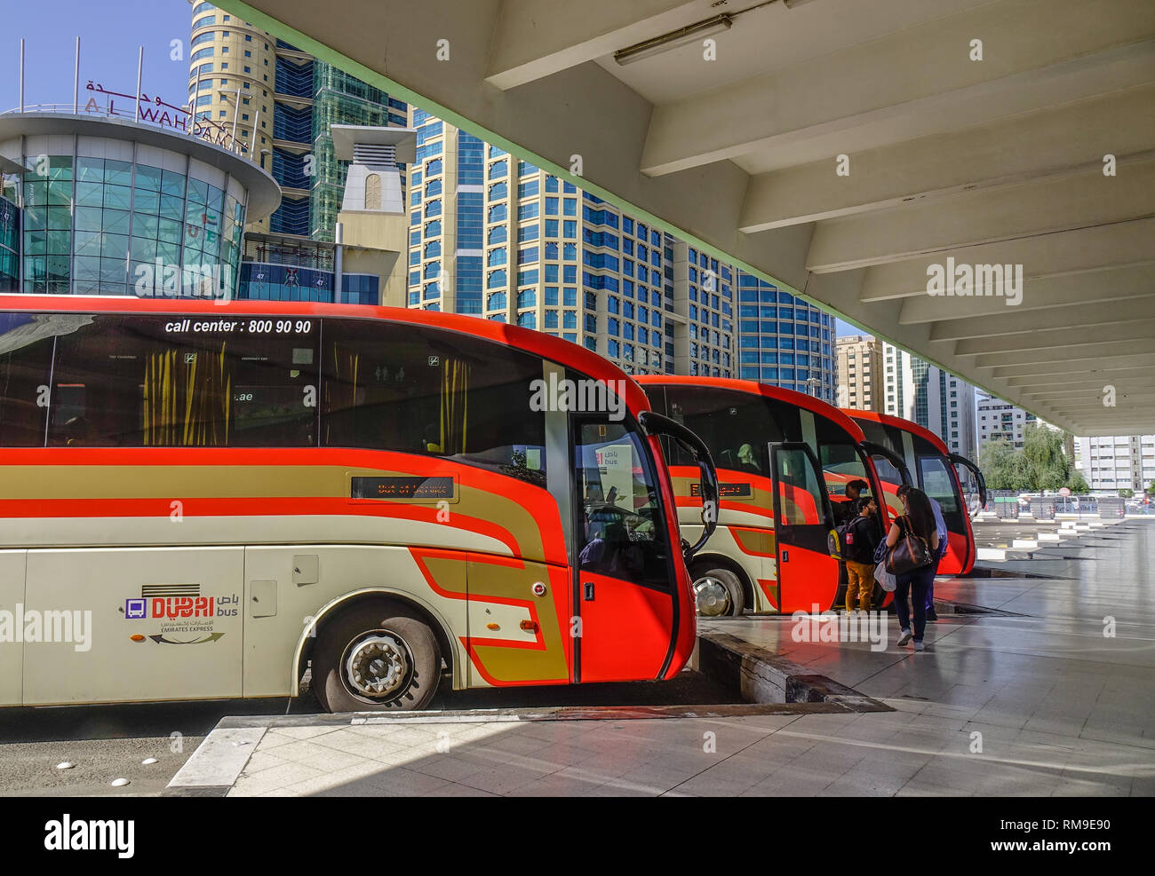 Dubai, UAE - Dec 6, 2018. Bus station in Dubai, UAE. Bus is one of the ...
