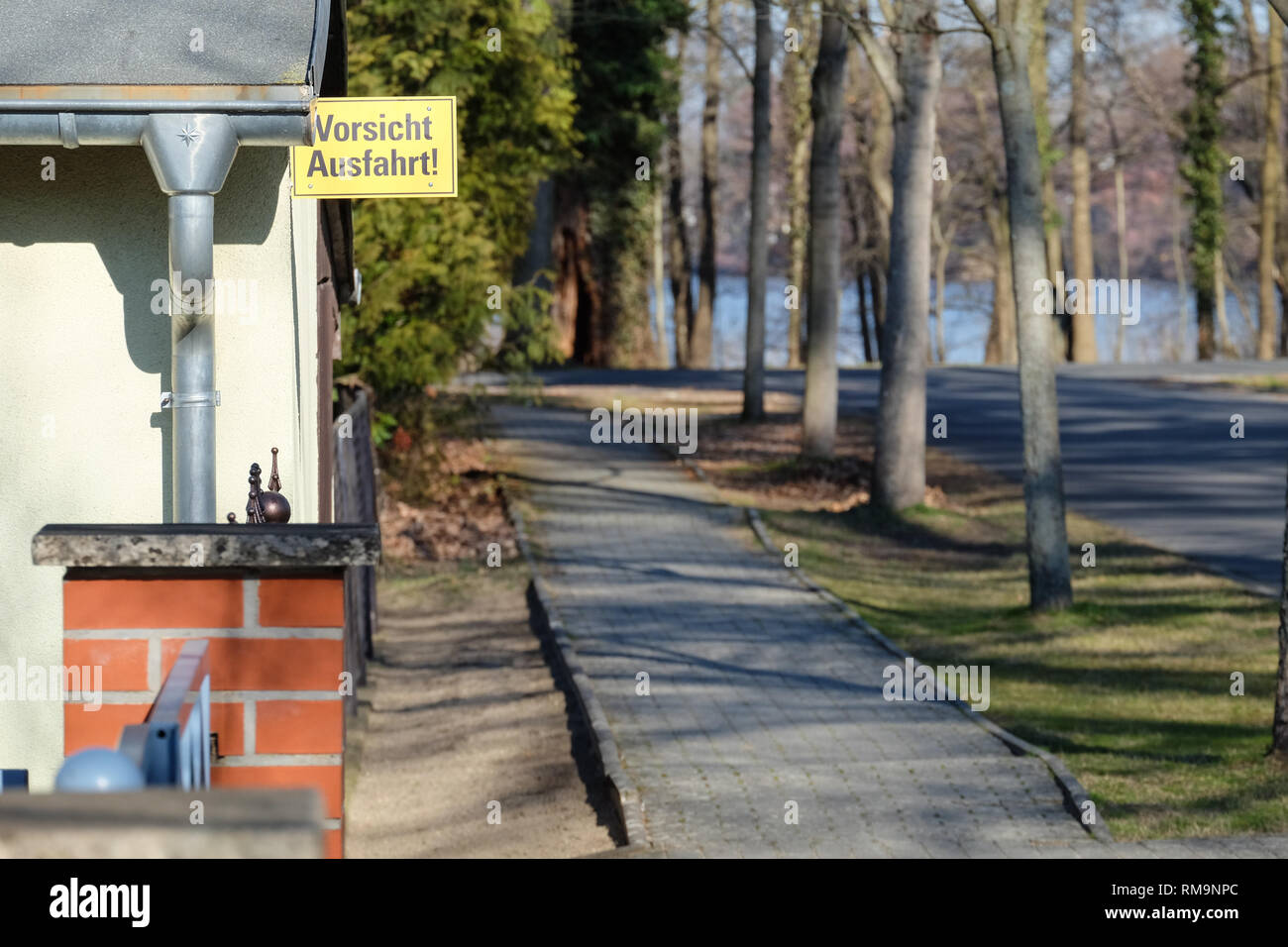 Yellow German traffic sign exit keep clear, here caution should be ...