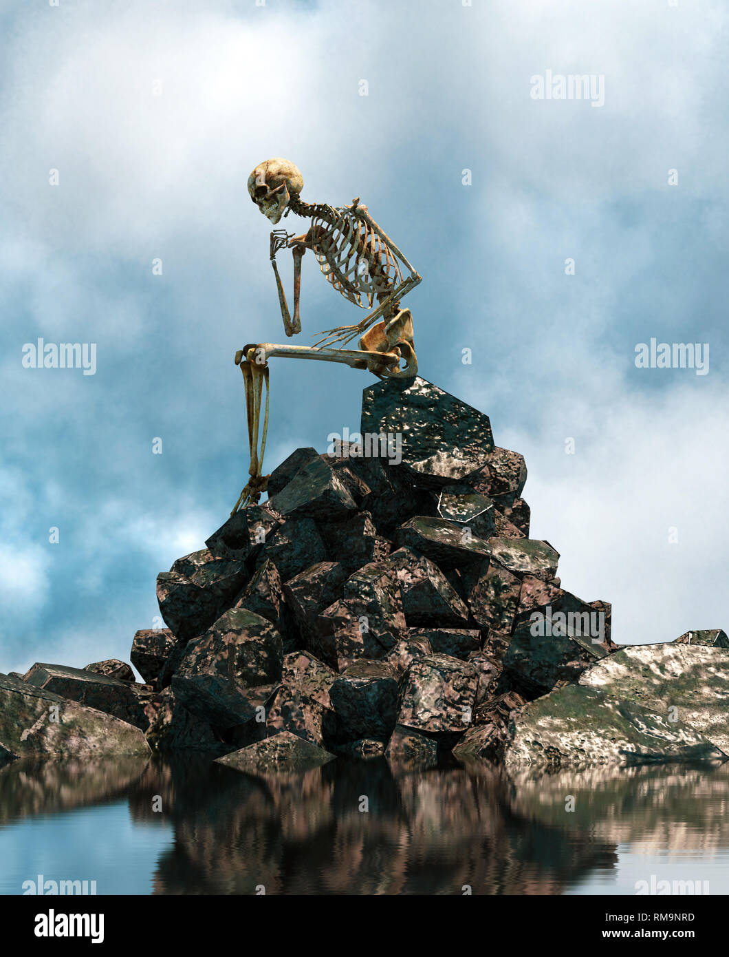 Still waiting for you,skeleton sitting alone on the rock,3d rendering ...