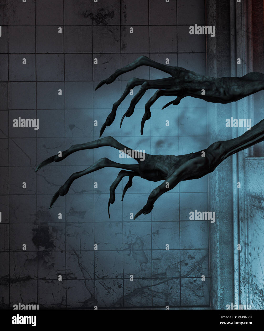 Evil's hands out from the doors of a haunted house,3d rendering Stock ...