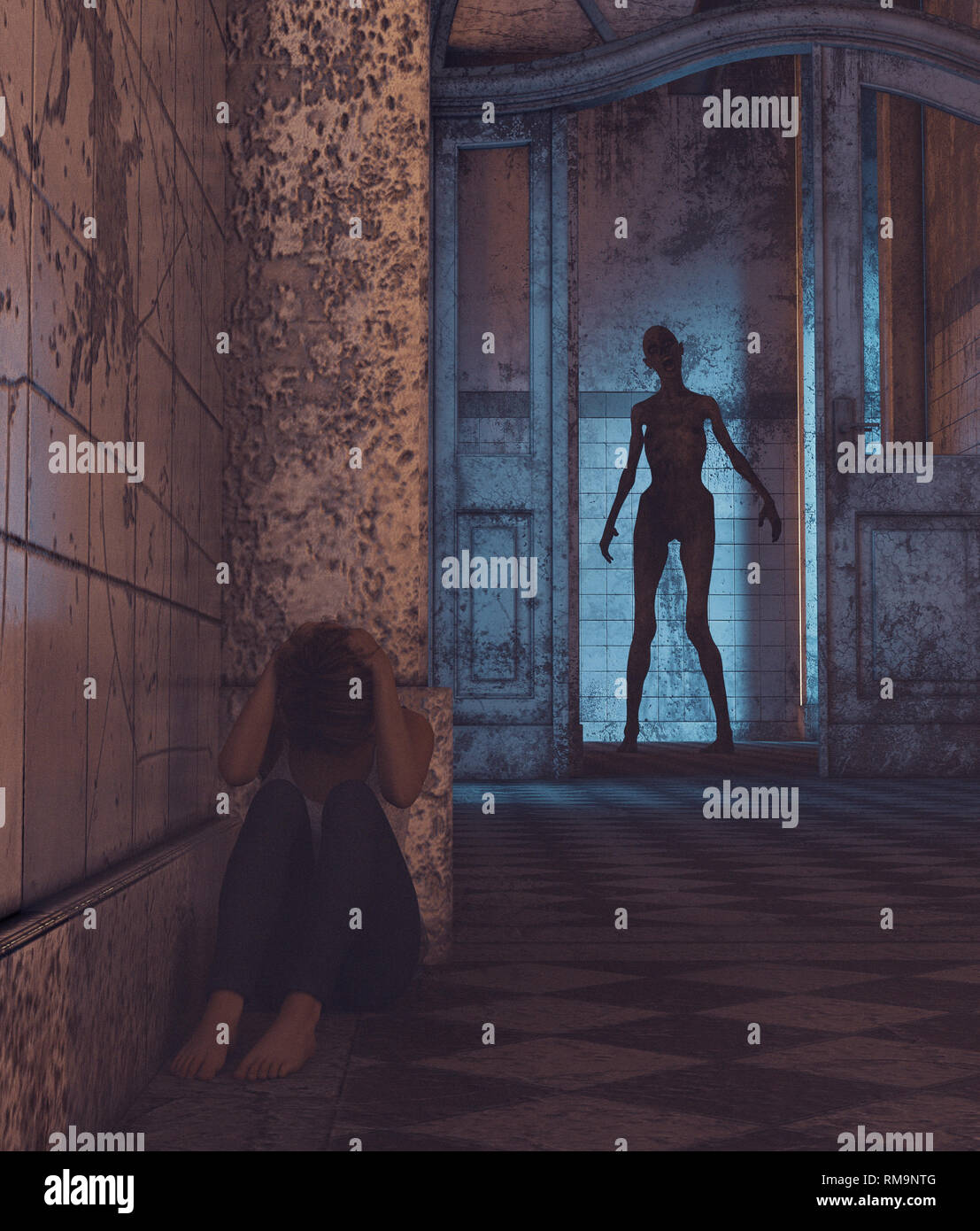 Undead's house,girl is being haunted by an undead.3d illustration Stock ...