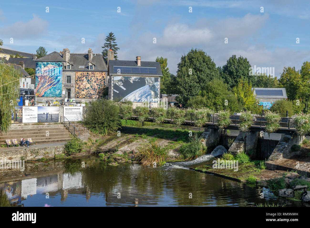 France, Morbihan, La Gacilly, footbridge on the Aff river during the ...