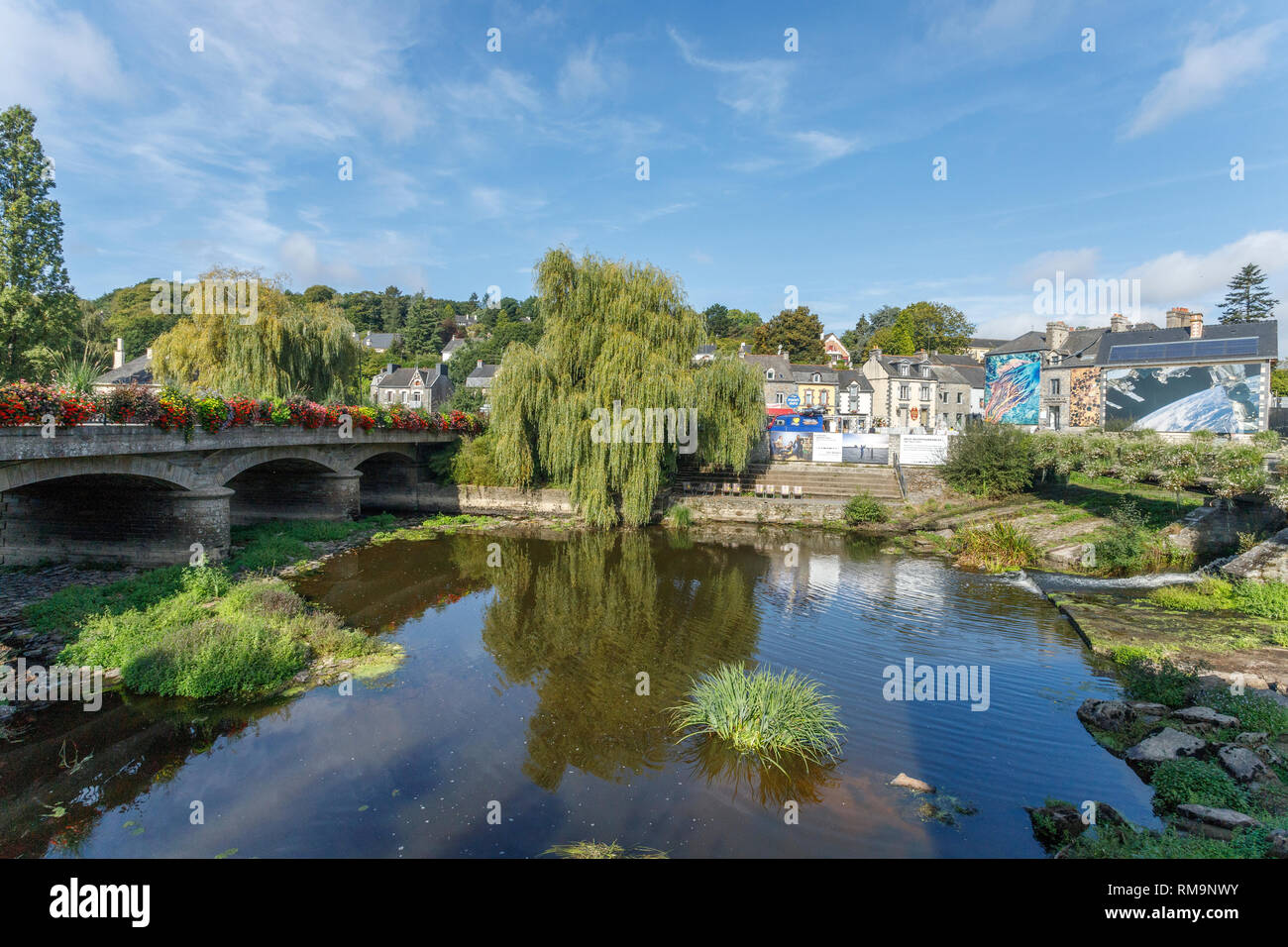 France, Morbihan, La Gacilly, footbridge on the Aff river during the ...