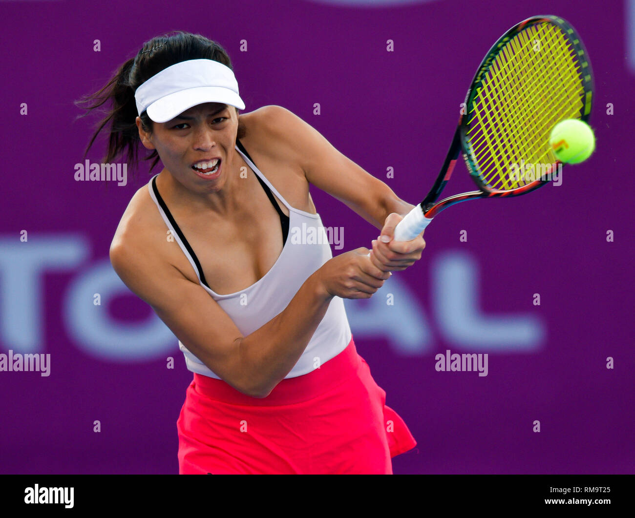 Doha, Qatar. 13th Feb, 2019. Hsieh Su-wei of Chinese Taipei hits a ...