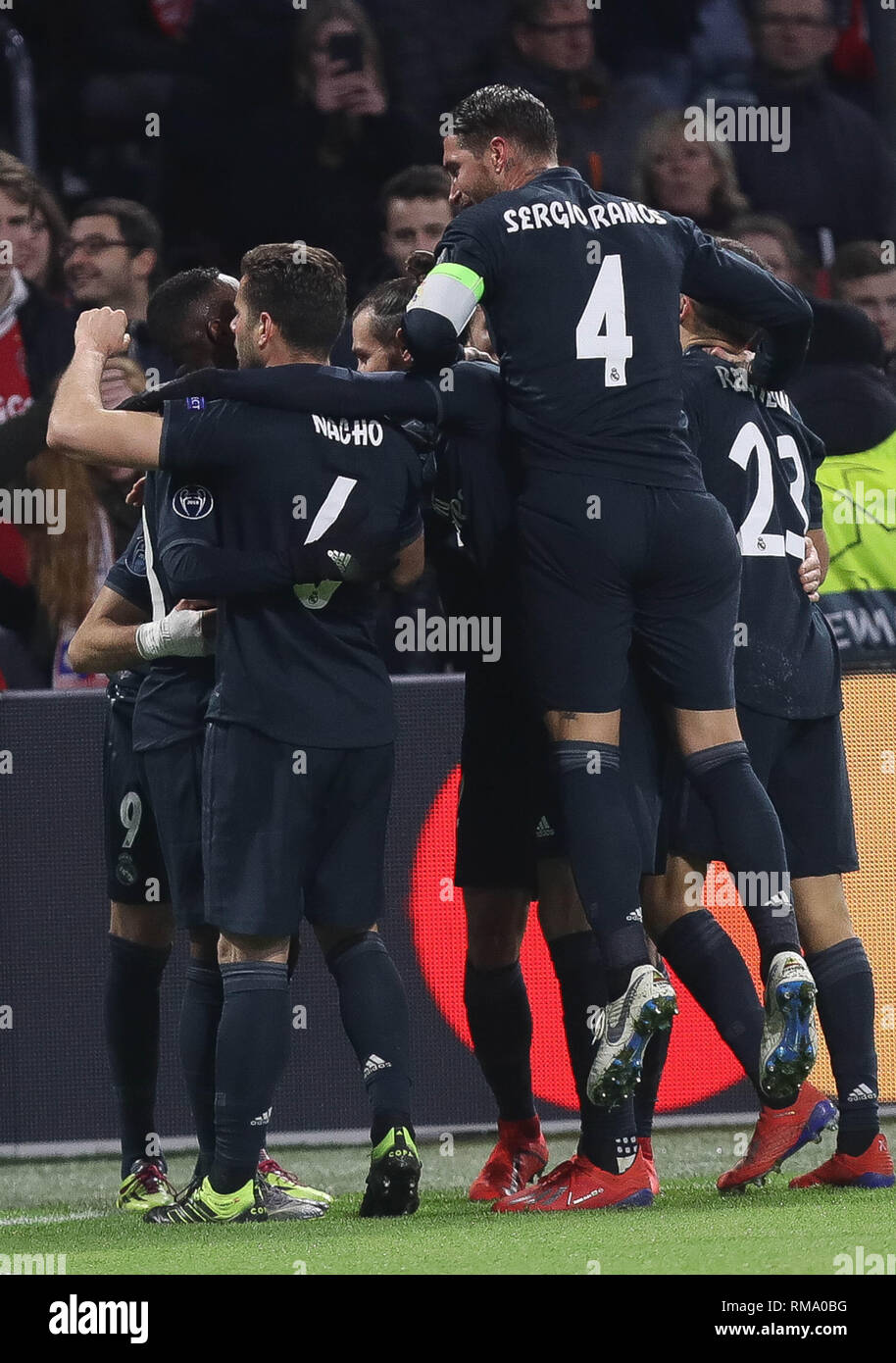 Amsterdam, Netherlands. 13th Feb, 2019. Célébration Goal Karim Benzema ...