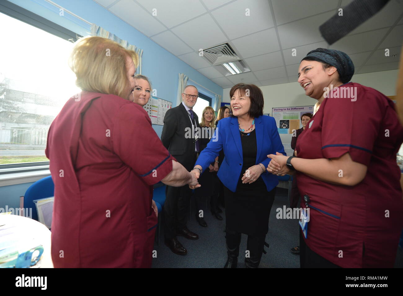 Kilmarnock, UK. 14 February 2019.(L-R) Linda Rimmer - Midwife; Jean ...