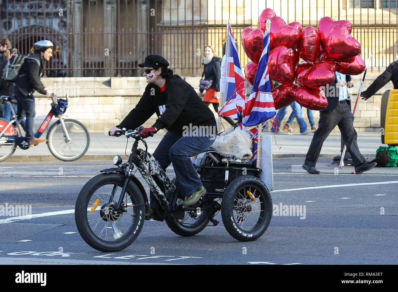 Westminster, London, UK 14 Feb 2019 - A Pro Brexit campaigner rides a ...