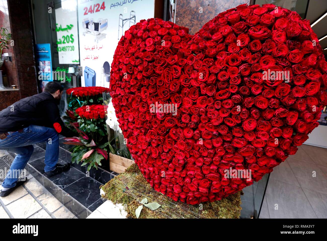 Beirut, Lebanon. 14th Feb, 2019. A heart-shaped roses decoration is ...