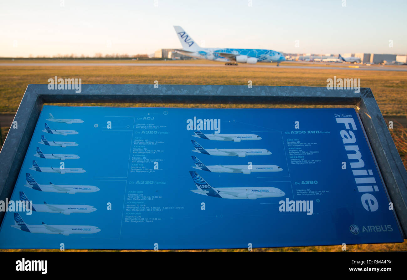 14 February 2019, Hamburg: A sign with aircraft of the Airbus family ...