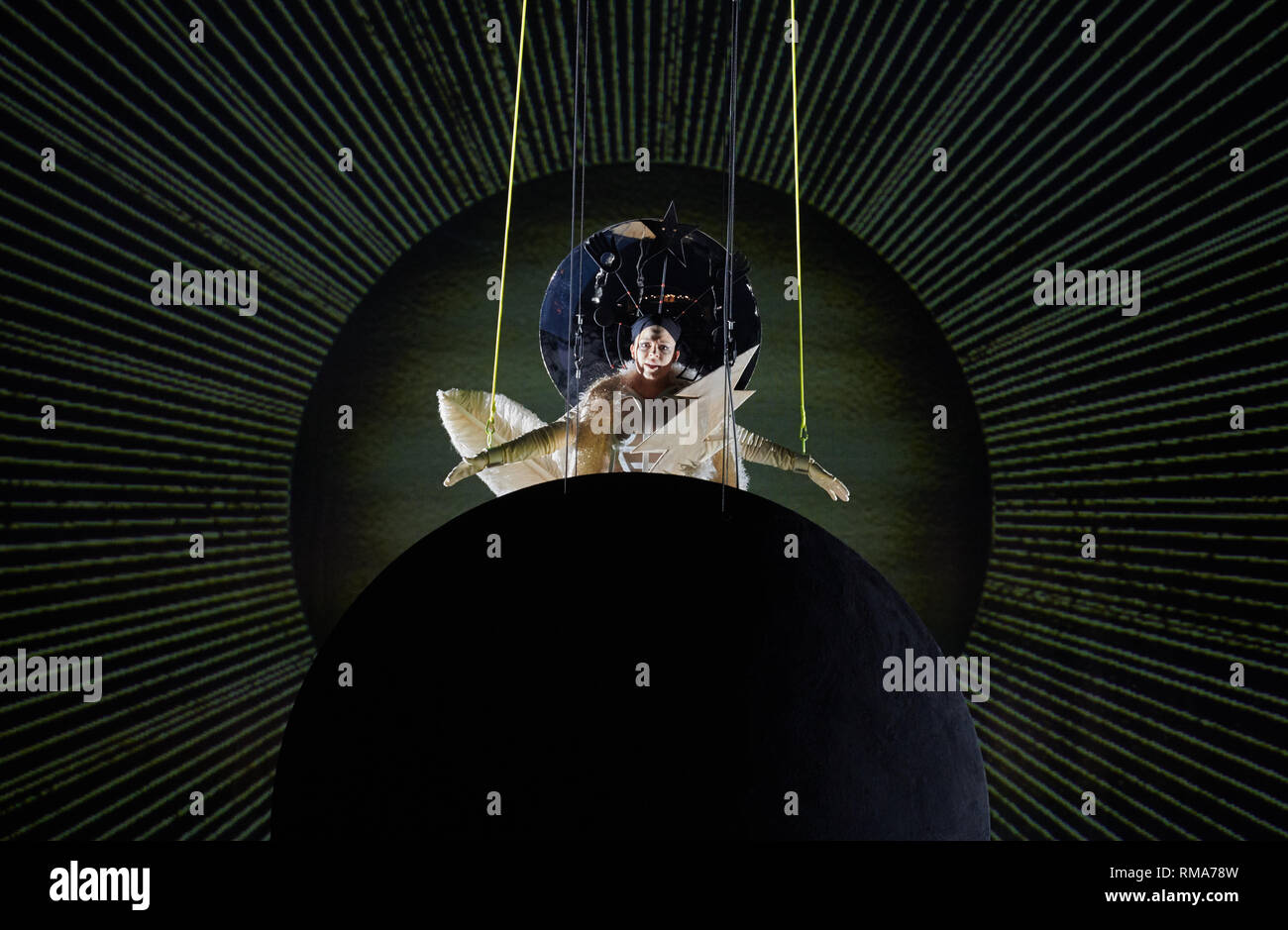 Berlin, Germany. 14th Feb, 2019. Singer Tuuli Takala sits on a moon on ...