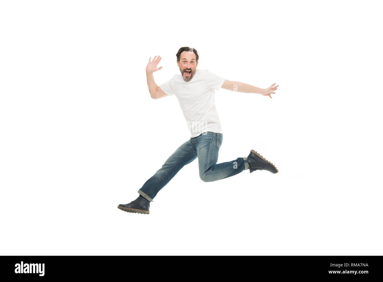 Explosion of positive emotions. Man excited jumping. Mature charismatic ...