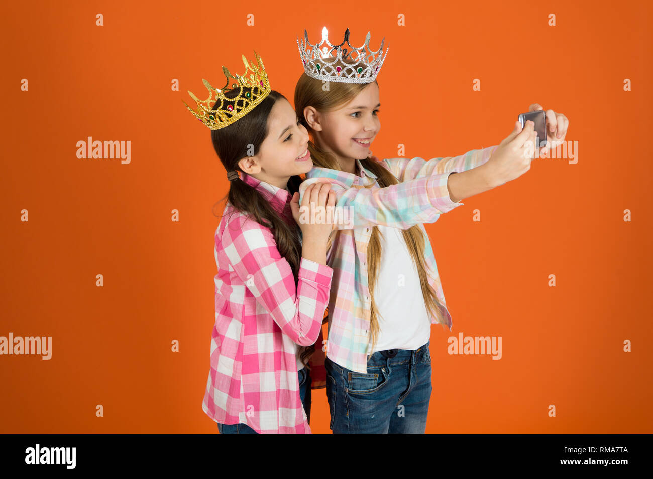 Demand more attention. Kids wear golden crowns symbol princess. Warning ...