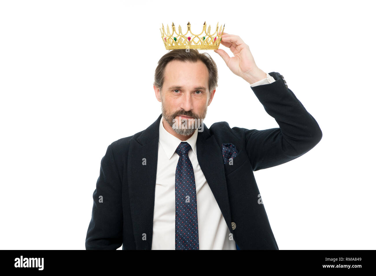 Man nature bearded guy in suit hold golden crown symbol of monarchy ...