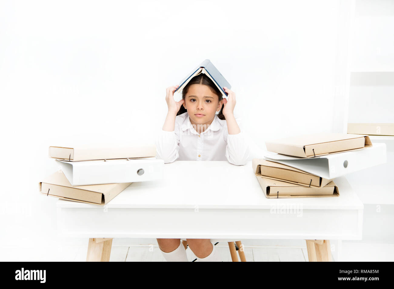 Back to school concept. Kid cute tired of studying. Boring lesson ...