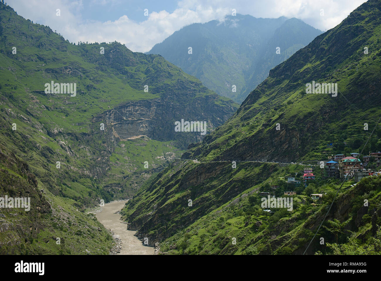 The green and narrow valley of Kinnaur, with the mighty Sutlej river ...