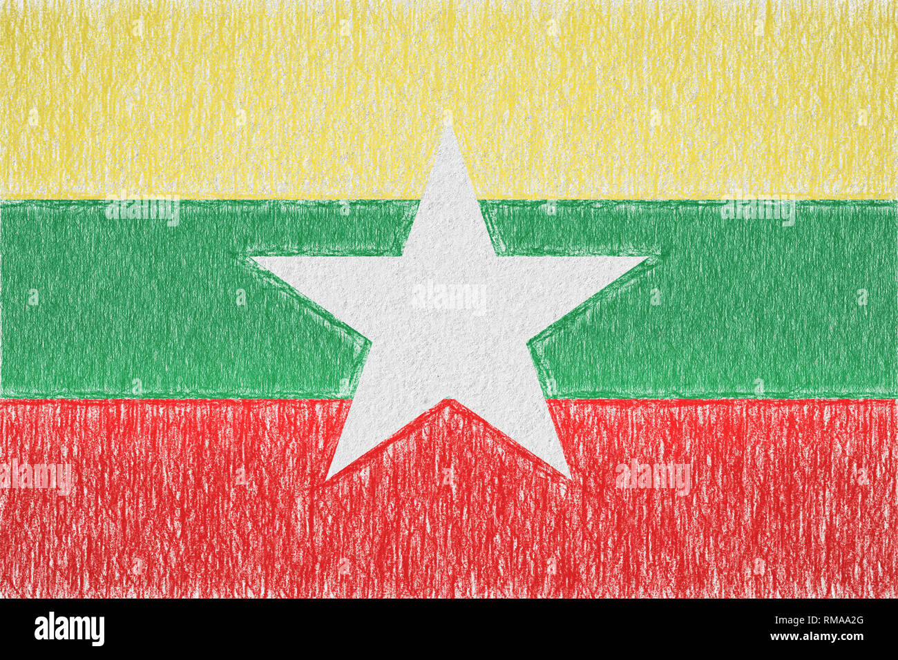 Myanmar painted flag. Patriotic drawing on paper background. National ...