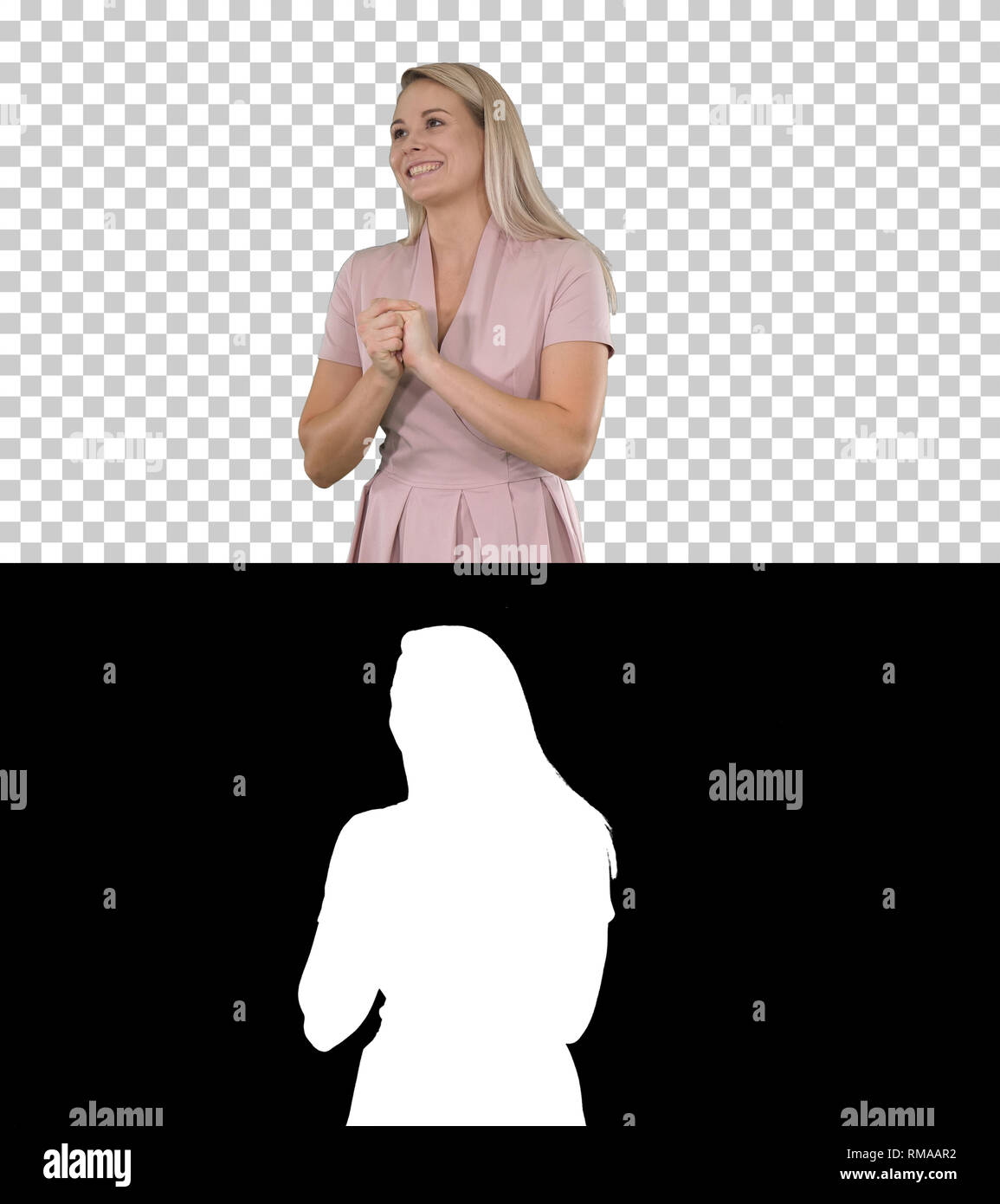 Woman in pink talking to the camera, Alpha Channel Stock Photo - Alamy