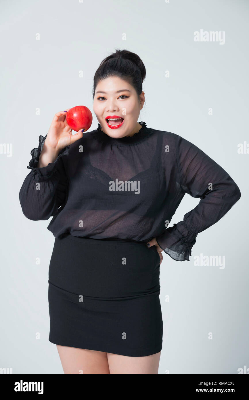 Large girl eating healthy foods and exercise for weight loss, diet ...