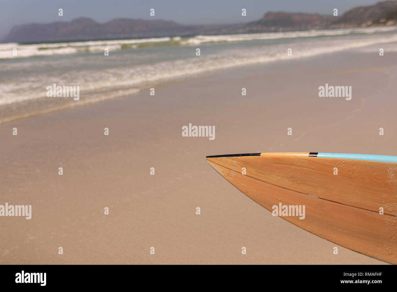 Close up wooden surfboard at beach Stock Photo - Alamy