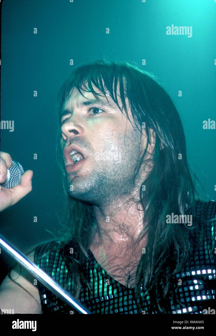 Singer Bruce Dickinson of the British heavy metal band Iron Maiden is shown performing on stage ...