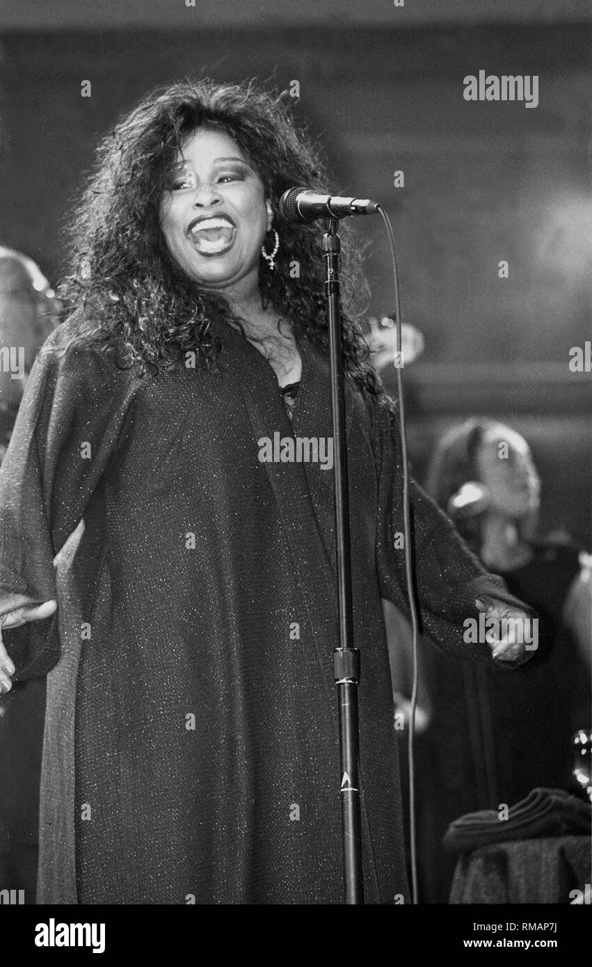 Singer Chaka Kahn is shown performing on stage during a "live" concert ...
