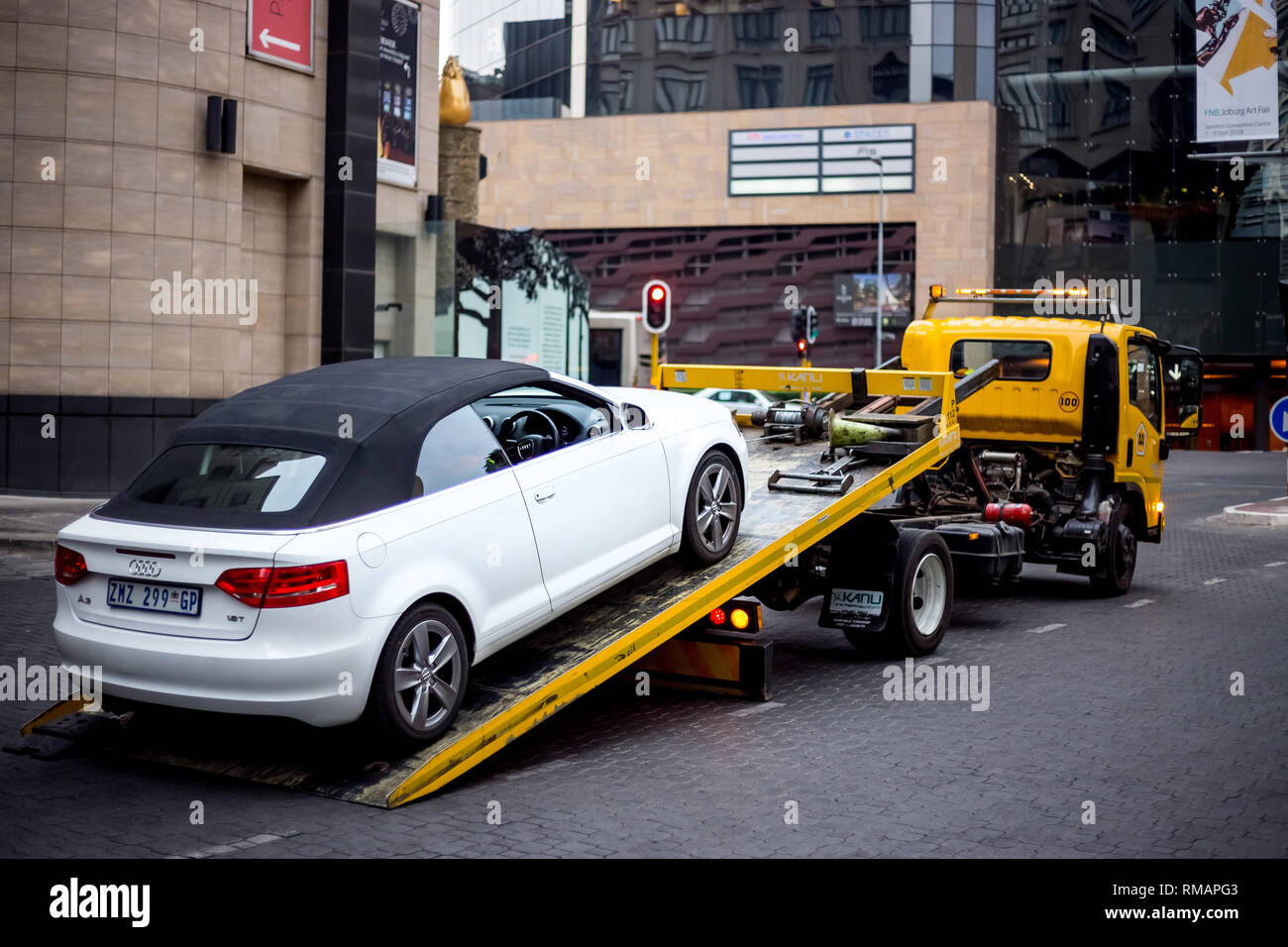 Johannesburg, South Africa, 7 September - 2018: Car being towed away ...